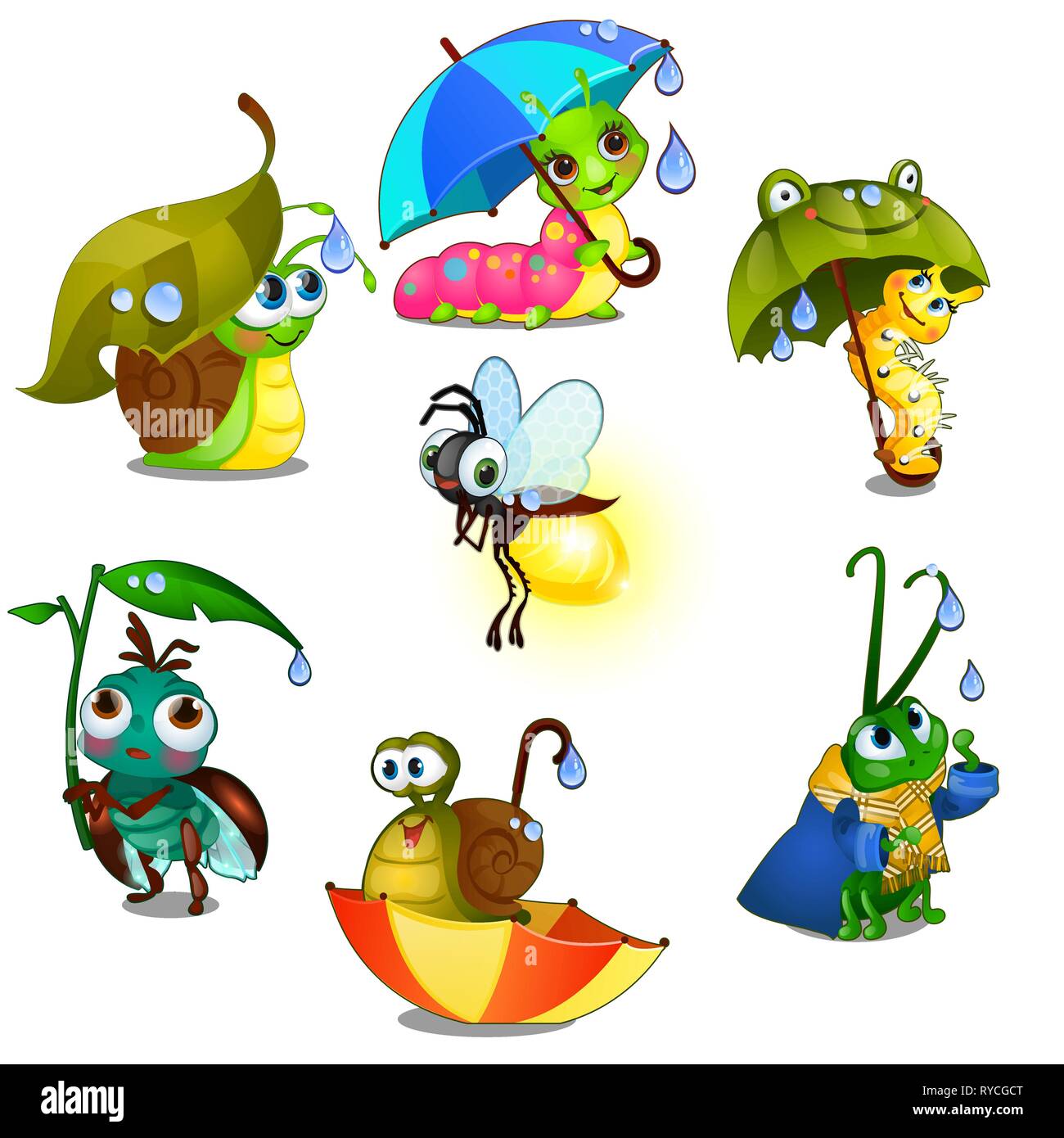 Ensemble d'insectes joyeux mignon isolé sur fond blanc. Cartoon Vector ...
