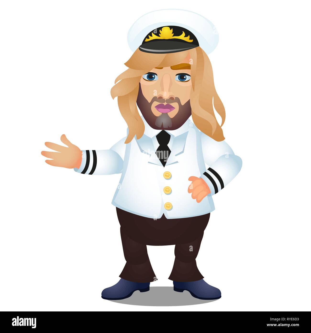 Le capitaine aux cheveux long du navire en uniforme et le capuchon ...