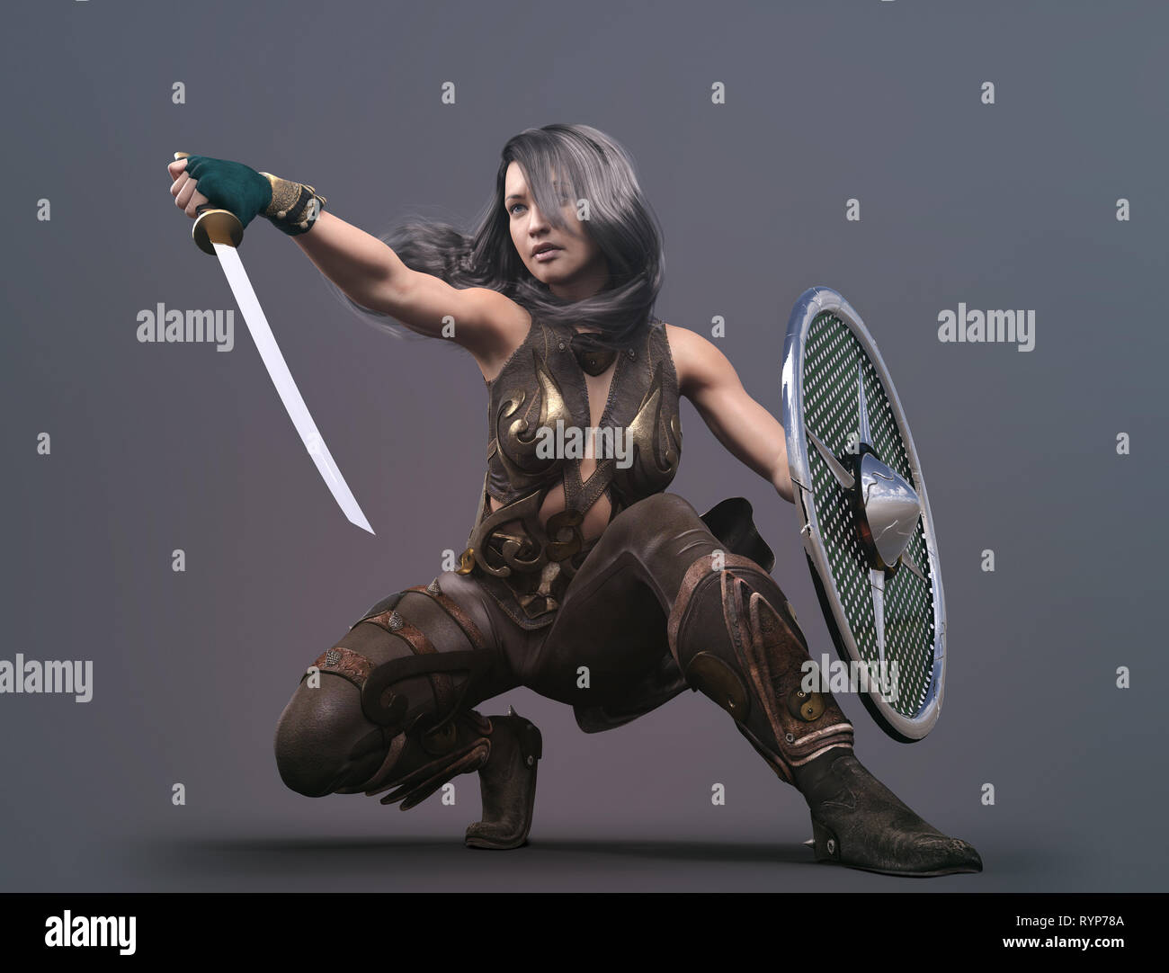 femme avec épée et boucliers - rendu 3d Photo Stock - Alamy