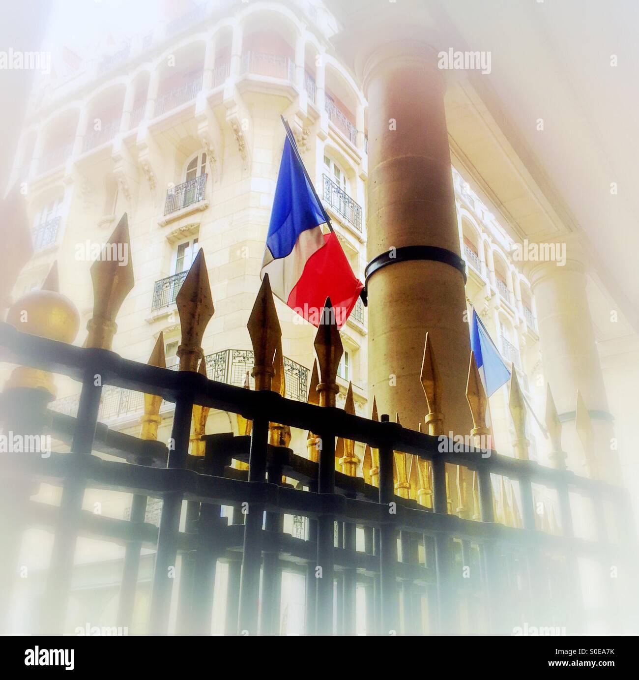 Drapeau français sur colonne classique avec de l'or et porte noire en ...