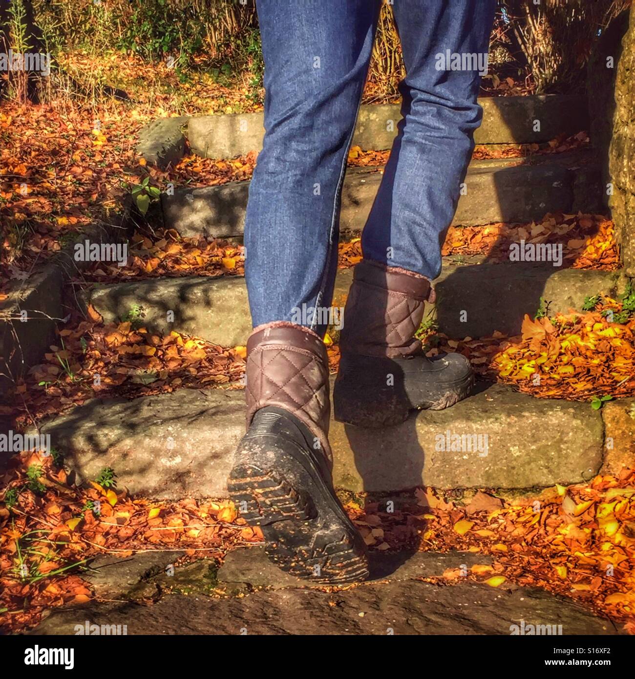 L'homme de monter des marches en pierre dans un parc Photo Stock - Alamy