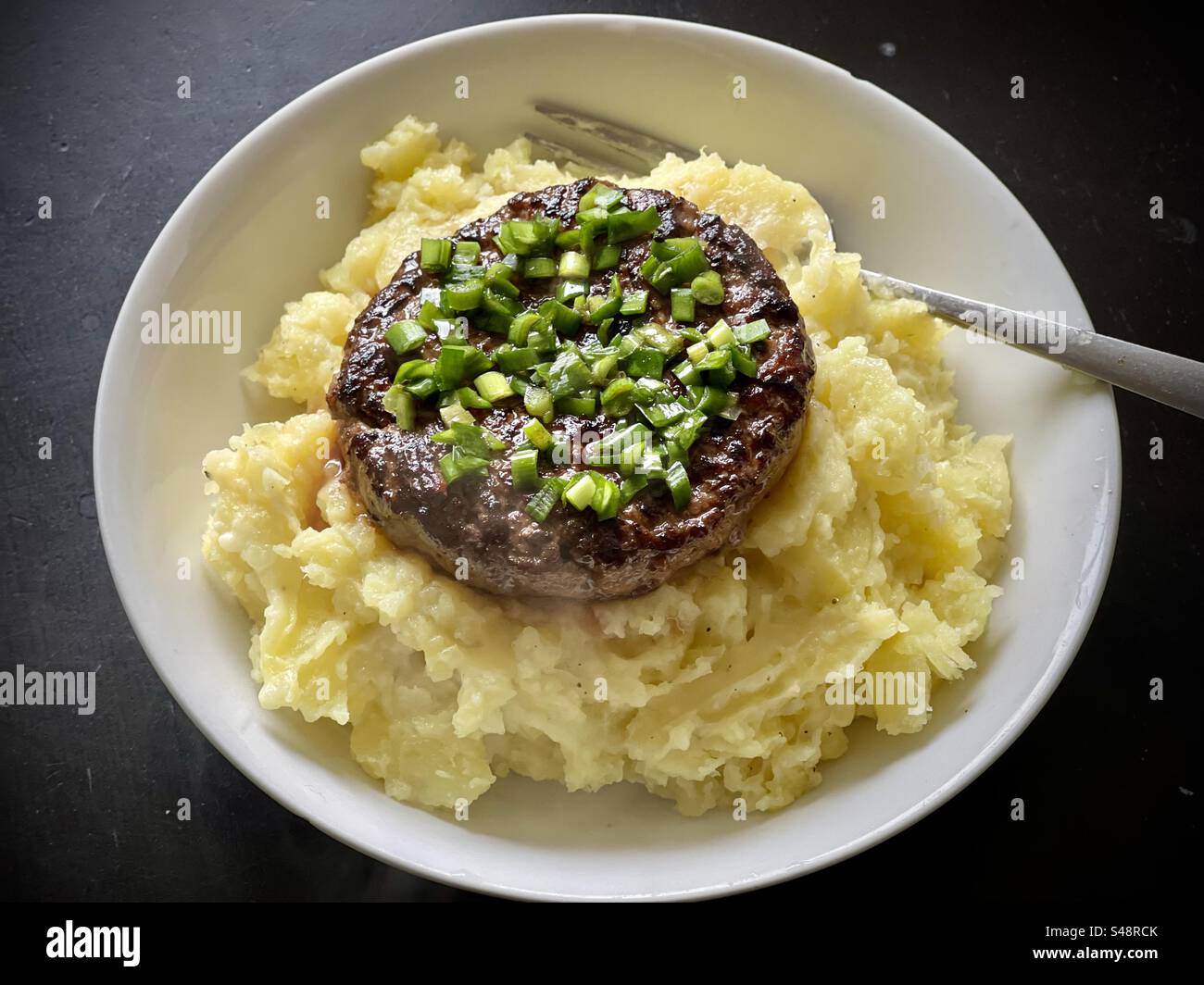 Plan d'une assiette ronde blanche de steak de hamburger avec sauce aux ...