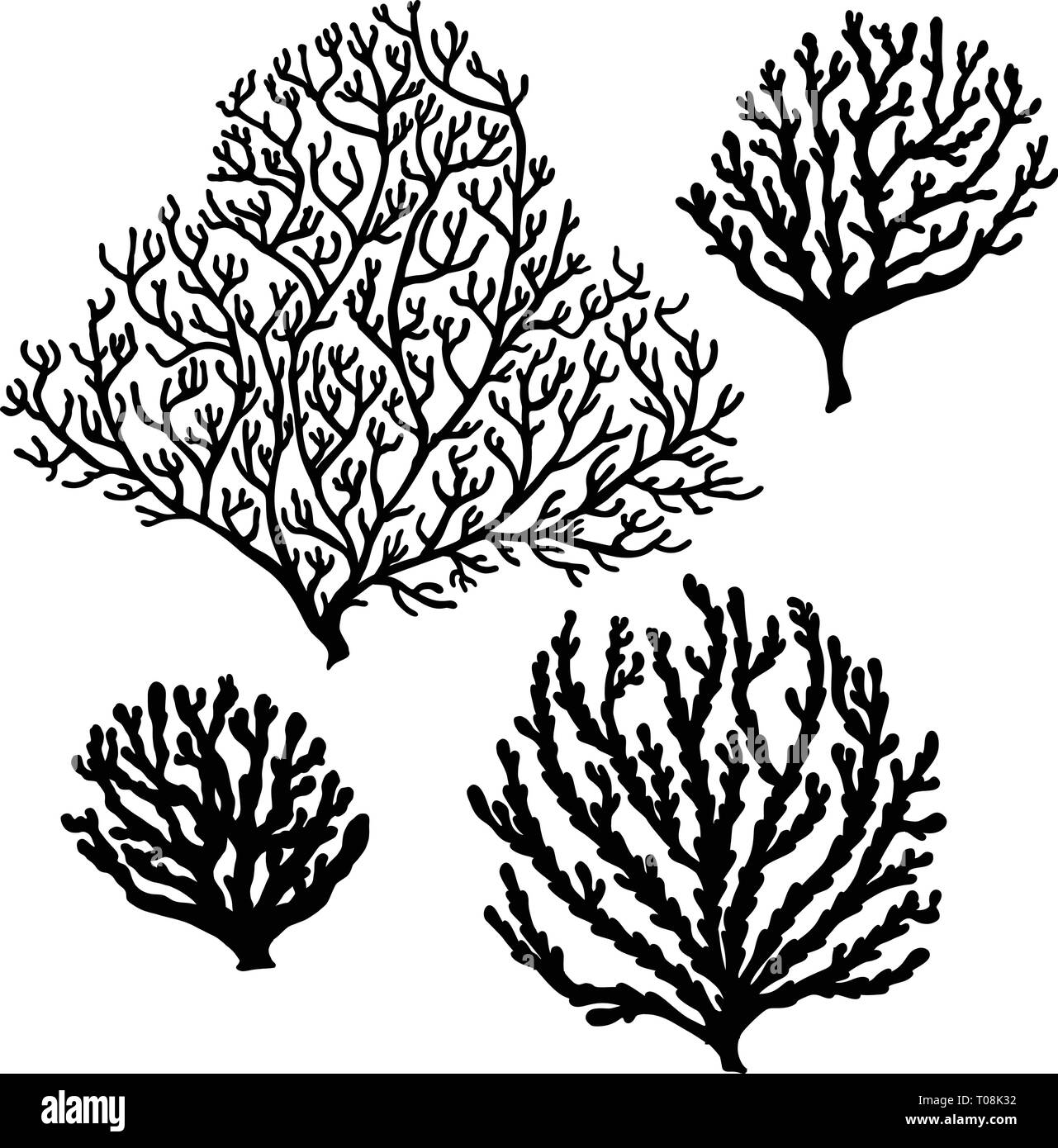 Ensemble de coraux récif mer silhouette noire isolé sur fond blanc ...