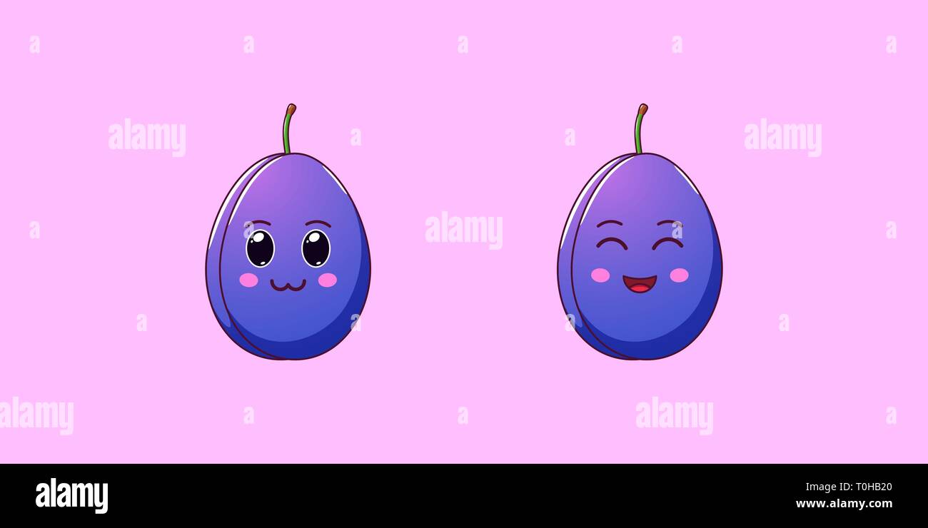 Kawaii Cute Cartoon de prune, de fruits mûrs. Cartoon Vector ...
