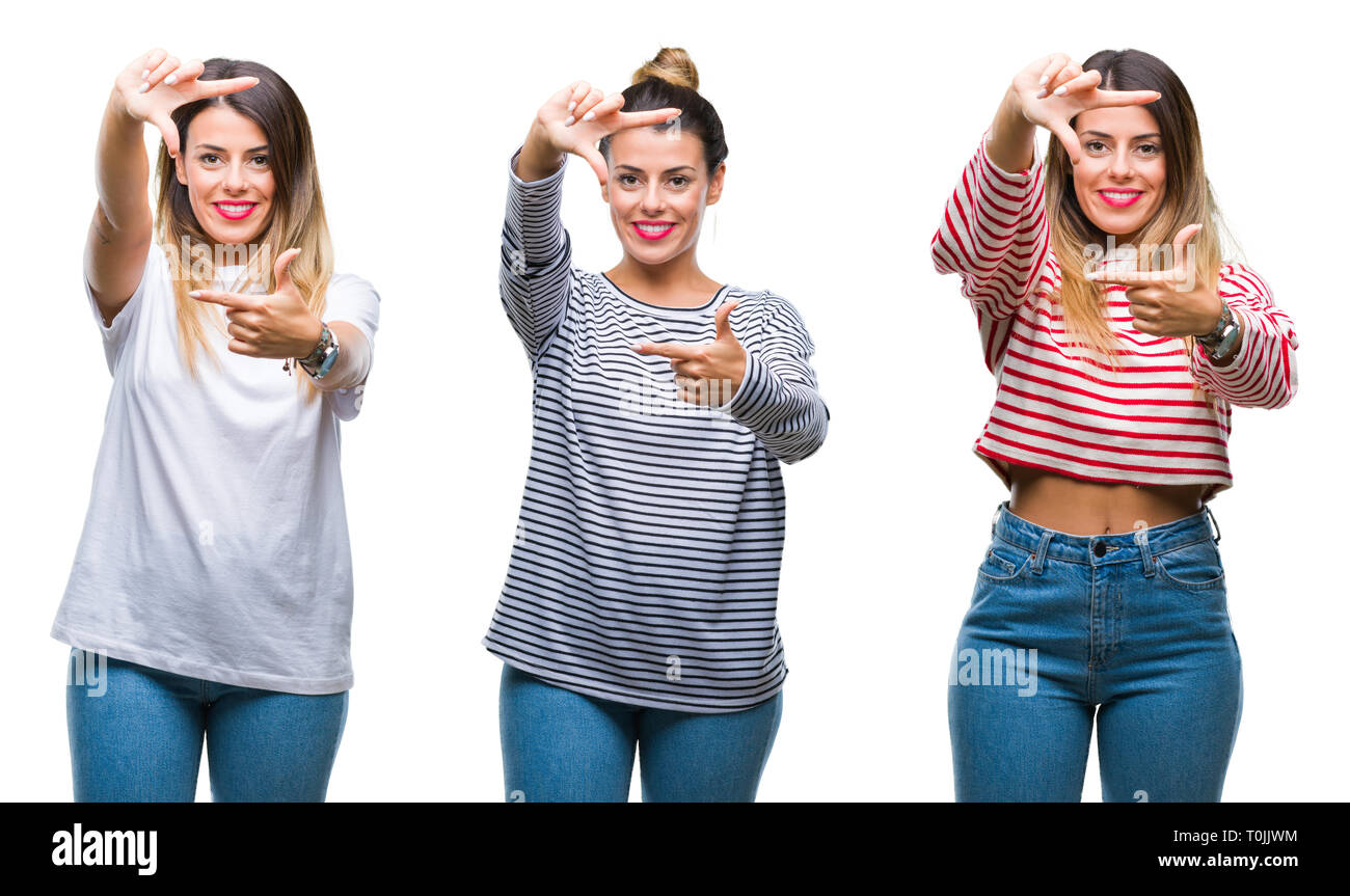 Collage de belle jeune femme sur fond isolé du châssis en souriant avec ...