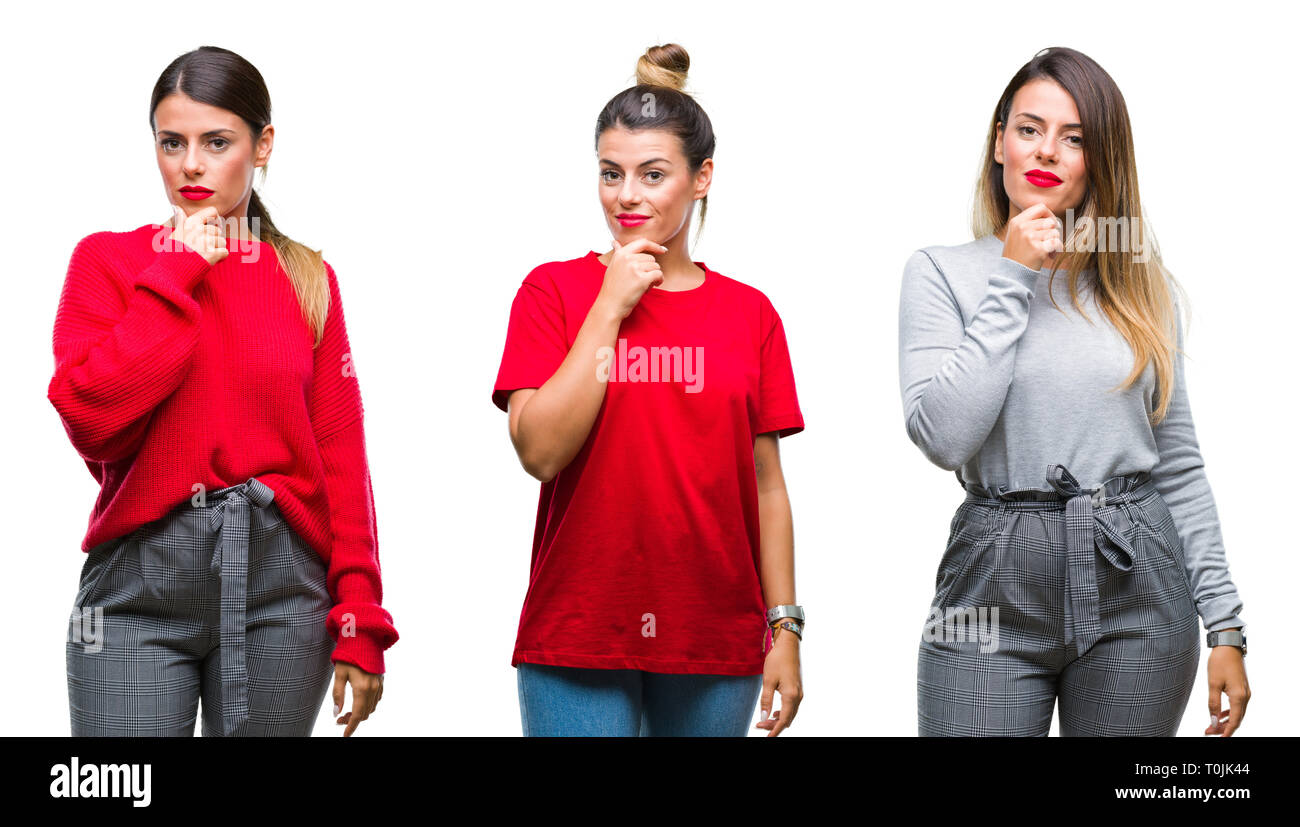 Collage de belle jeune femme de plus à fond isolé confiant à l'appareil ...