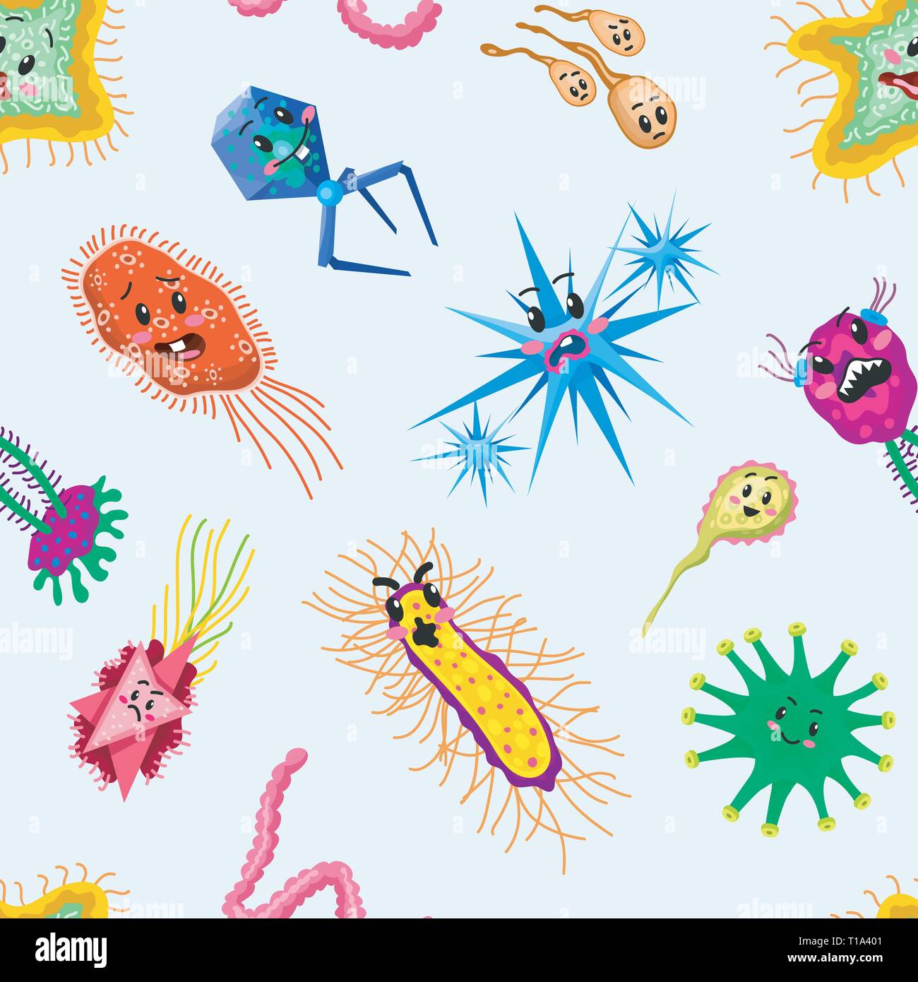 Caractères des bactéries. motif transparent Cartoon Cute funny virus ...