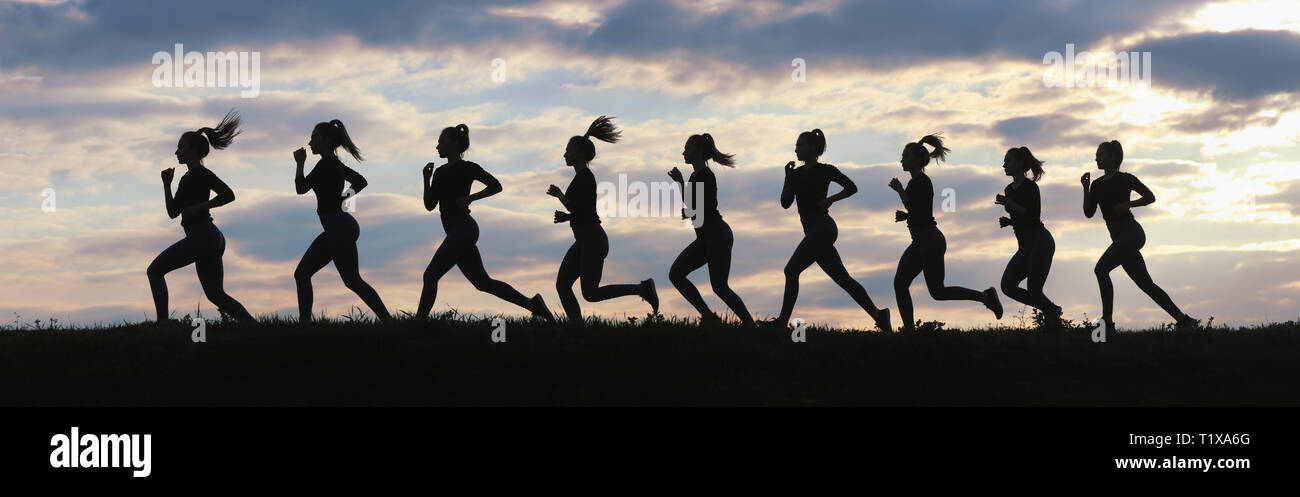 Femme de remise en forme d'exécution sur le lever du soleil, la course ...