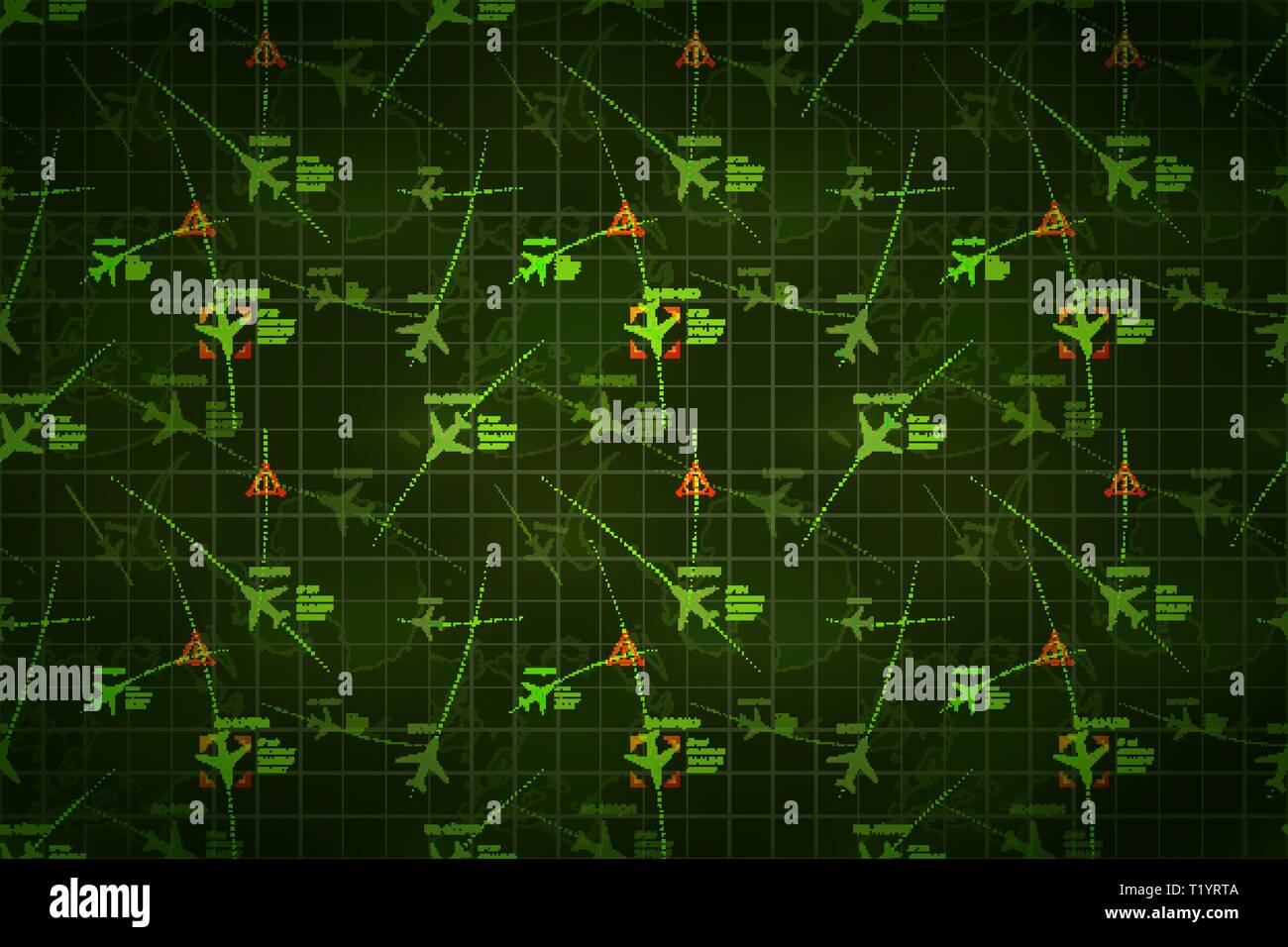Radar des avions militaires vert avec des traces et signes cible, vaste ...