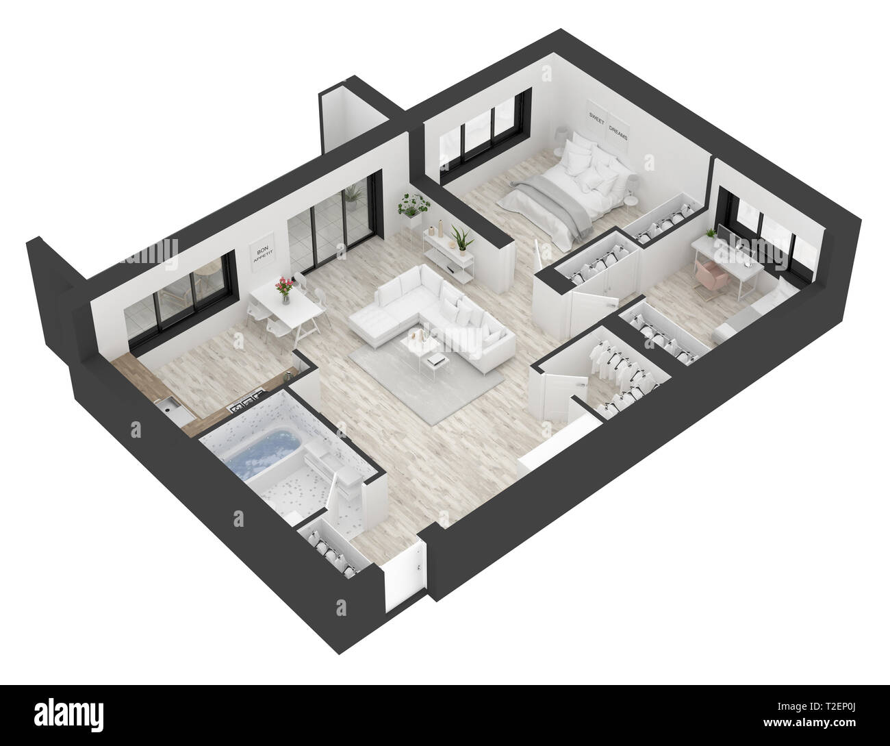 Plan d'étage d'une maison Vue de dessus 3D illustration. Ouvrir concept ...
