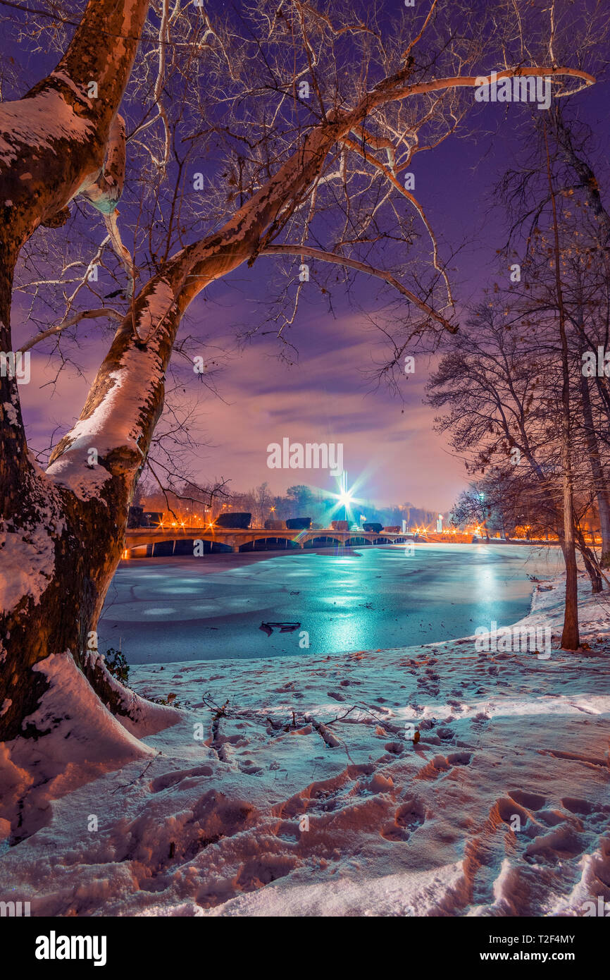 Lac gelé en hiver, tourné pendant la nuit dans un parc avec un pont en ...