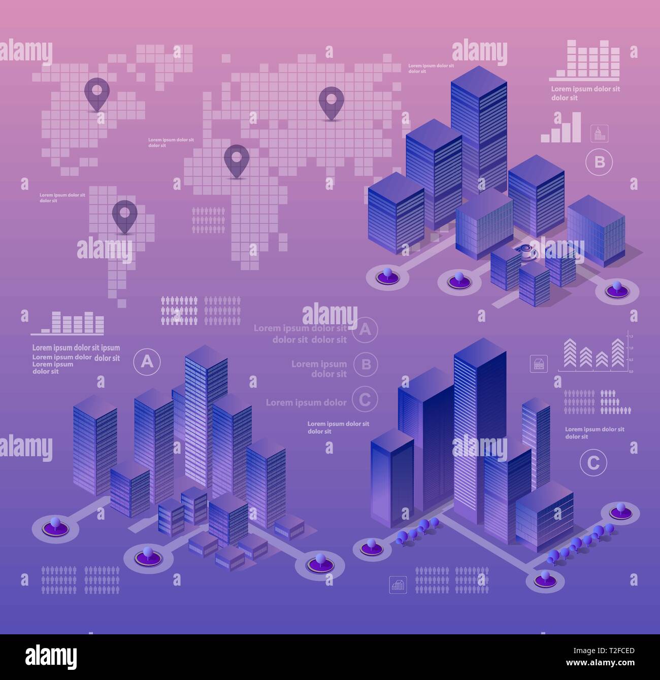 Ville d'ultraviolet isométrique couleurs violet 3d building ville ...