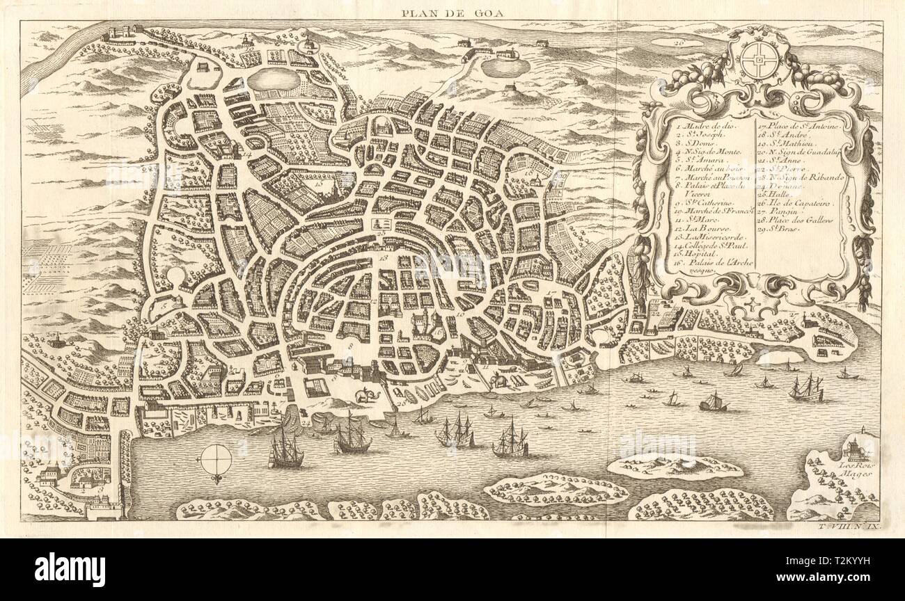 Le "Plan de Goa'. Plan d'Old Goa Velha ou Goa, Inde portugaise. BELLIN ...