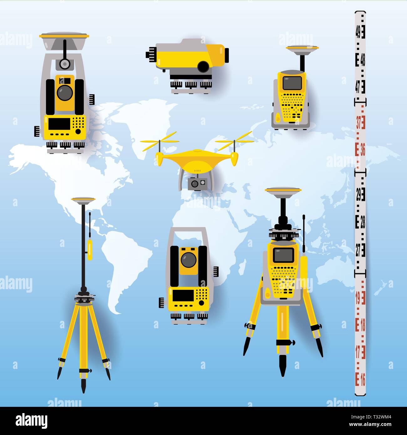 Équipements géodésiques illustration vectorielle. Instruments de mesure ...