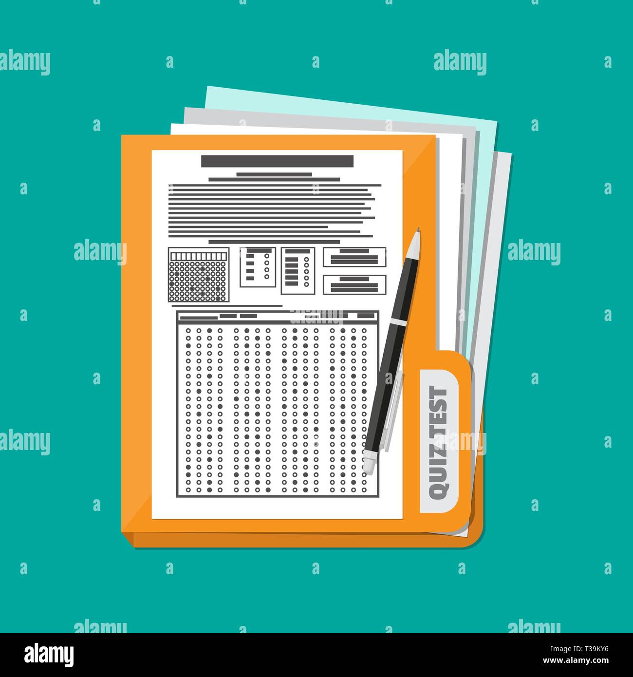 Dossier avec essai examen feuille de réponses avec stylo. Style plat ...