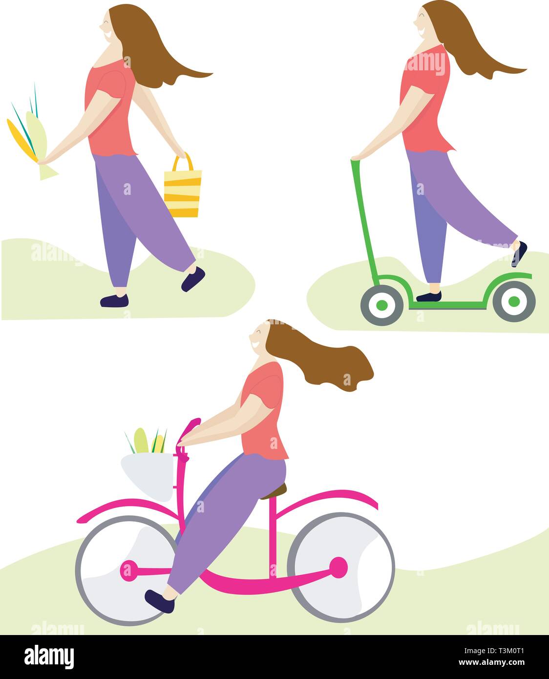 Définir l'illustration. Fille de rouler à vélo, de la trottinette et ...