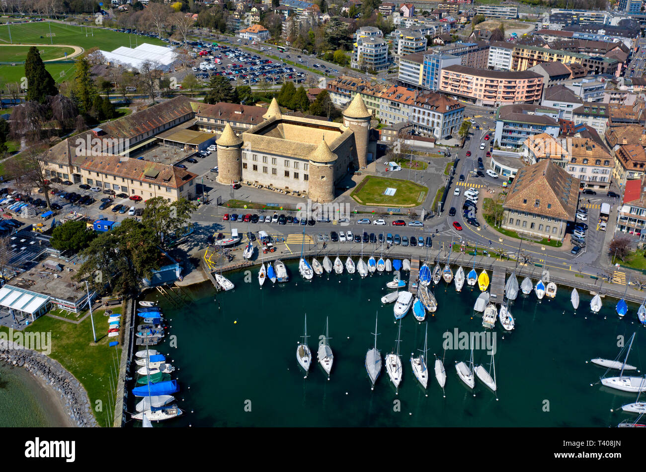 Château de Morges et marina au lac Léman, vue aérienne, Morges, Vaud, Suisse Photo Stock - Alamy