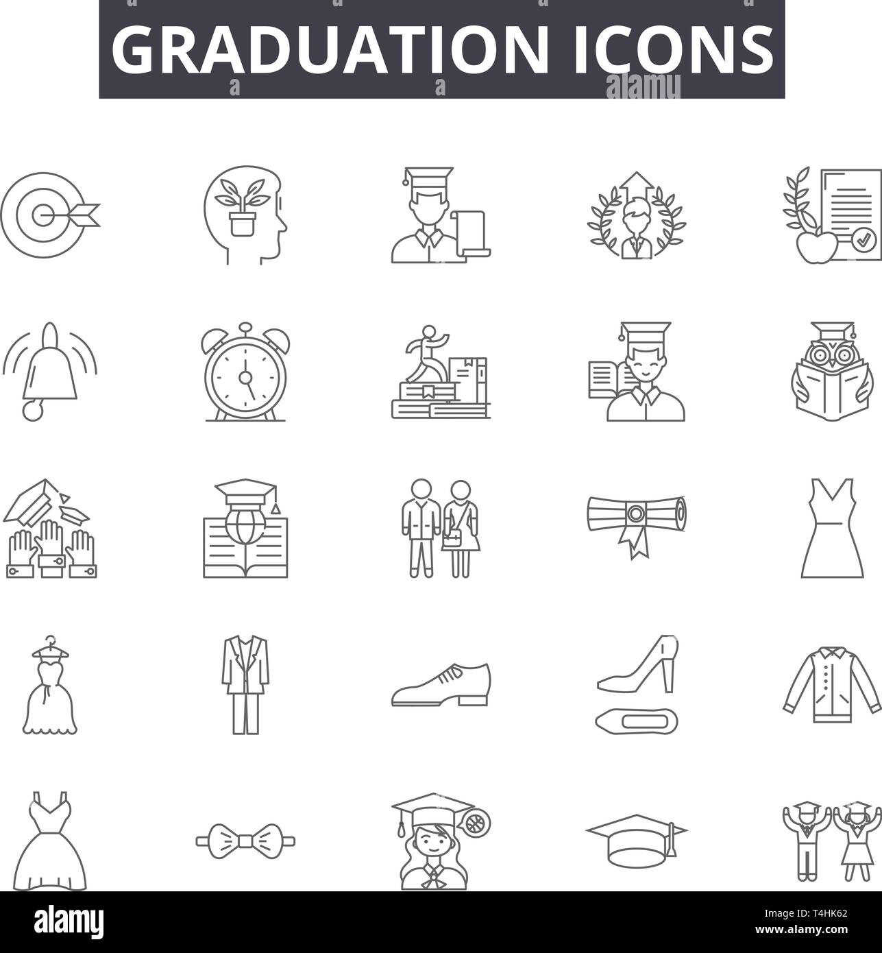 L'obtention du diplôme, les signes d'icônes de lignes défini, vecteur ...
