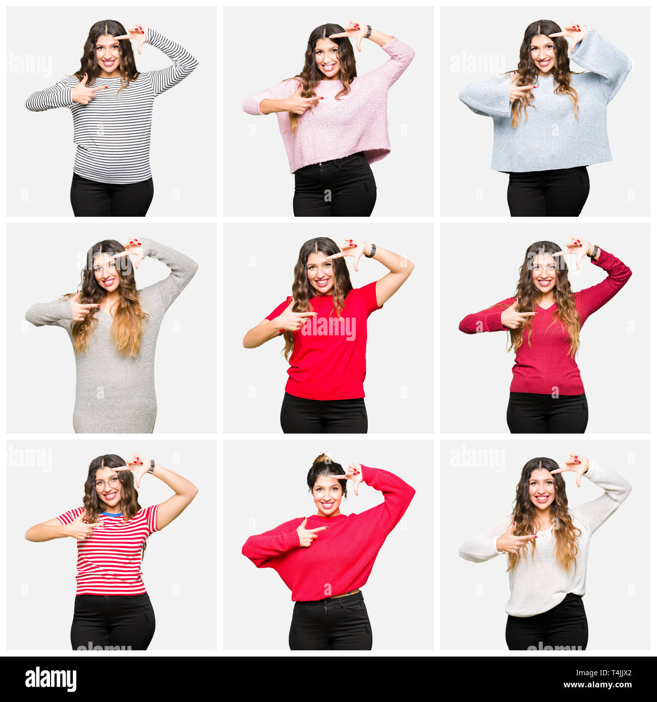 Collage de belle jeune femme portant différents regards over white ...
