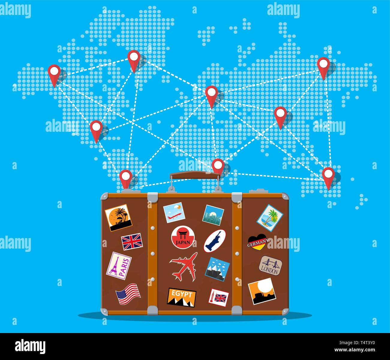 Valise de voyage avec des autocollants de pays et capitales du monde ...