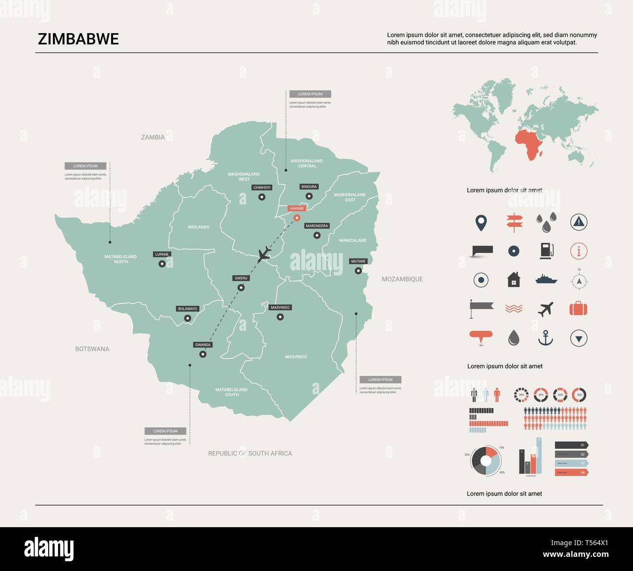 Carte vectorielle du Zimbabwe. Carte pays très détaillés avec la ...