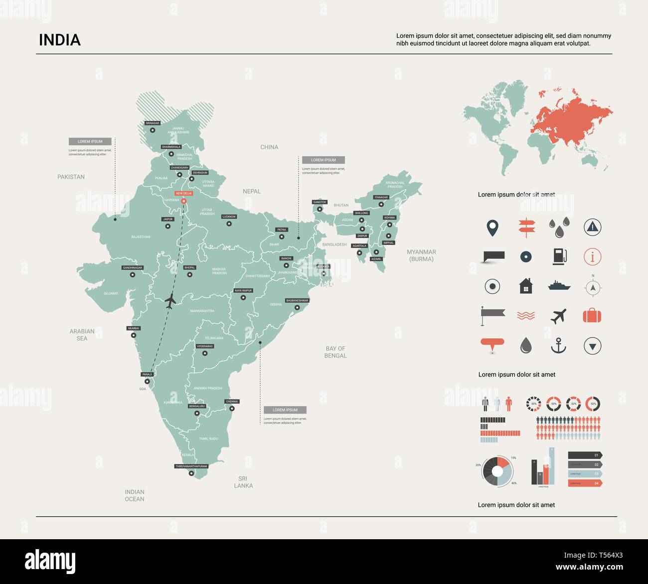 Carte vectorielle de l'Inde. Carte pays très détaillés avec la division ...