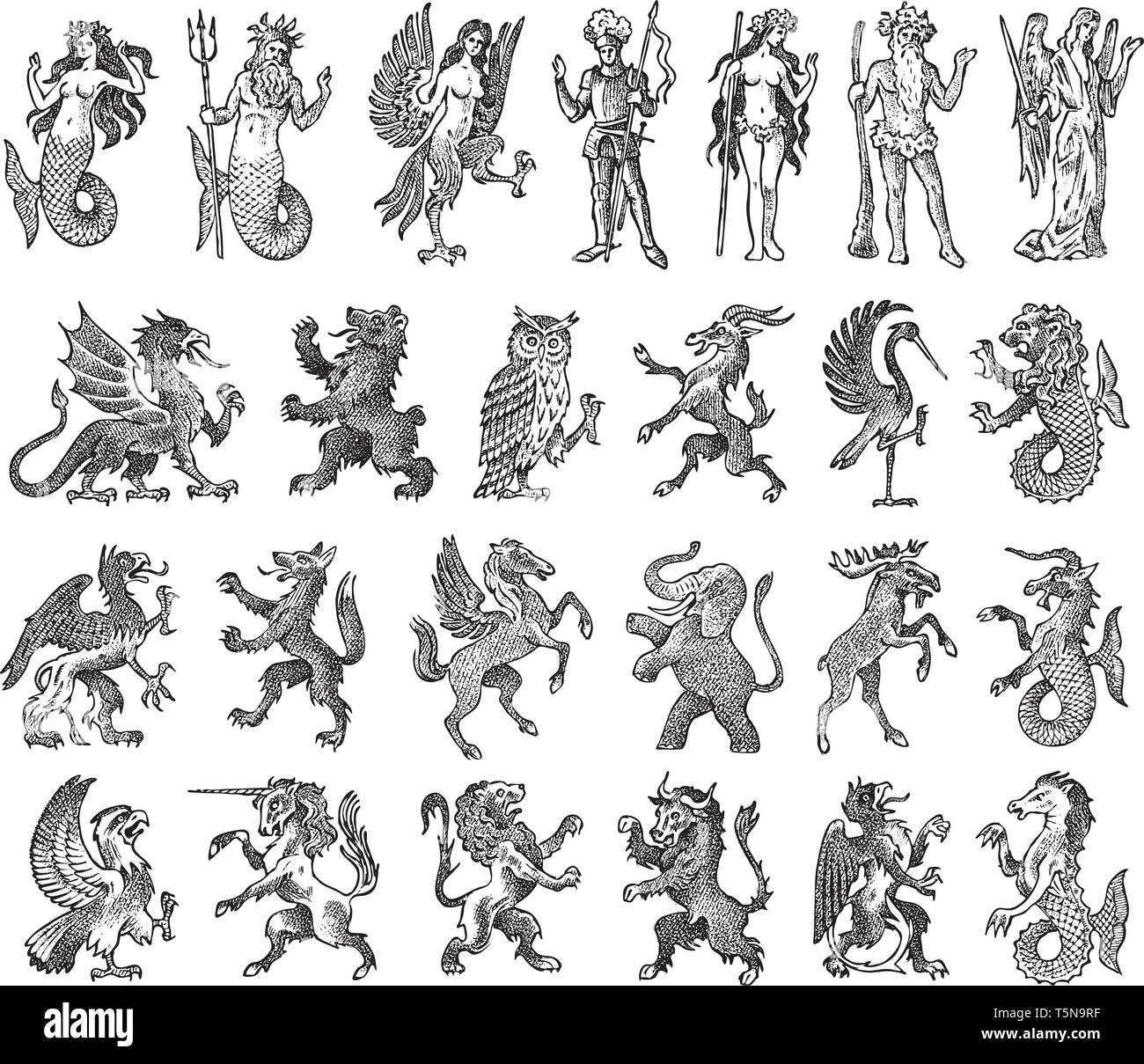 Les animaux de l'héraldique en style vintage. Armoiries gravées avec ...