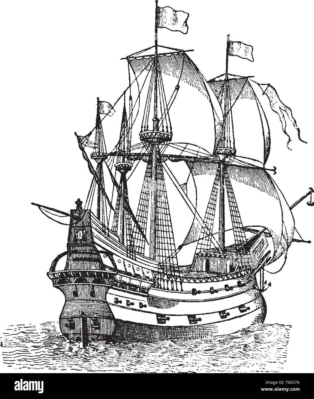 Engraving of a galleon engraving Banque d'images vectorielles - Alamy