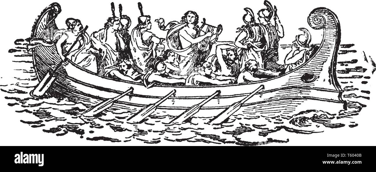 Bateau grec où un groupe de grecs un bateau d'aviron, vintage dessin ou ...