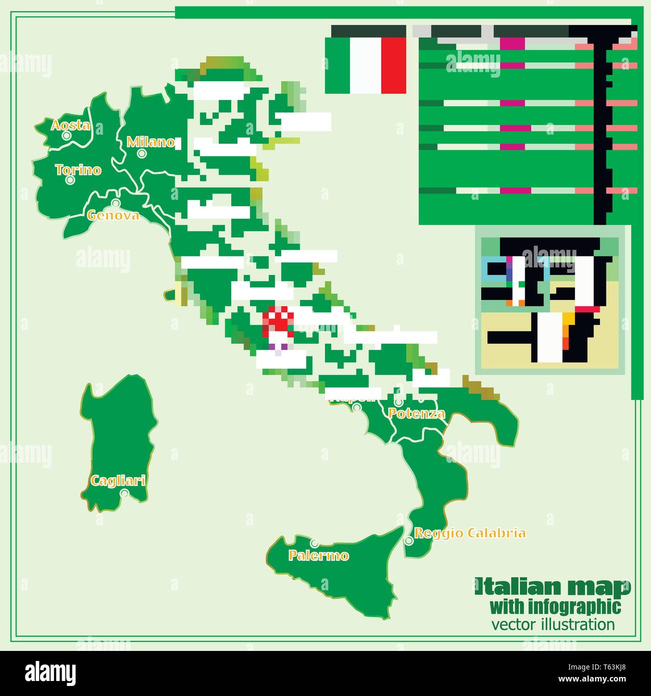 Carte de l'Italie avec l'infographie monde du travail. Illustration en couleur avec la carte de ...