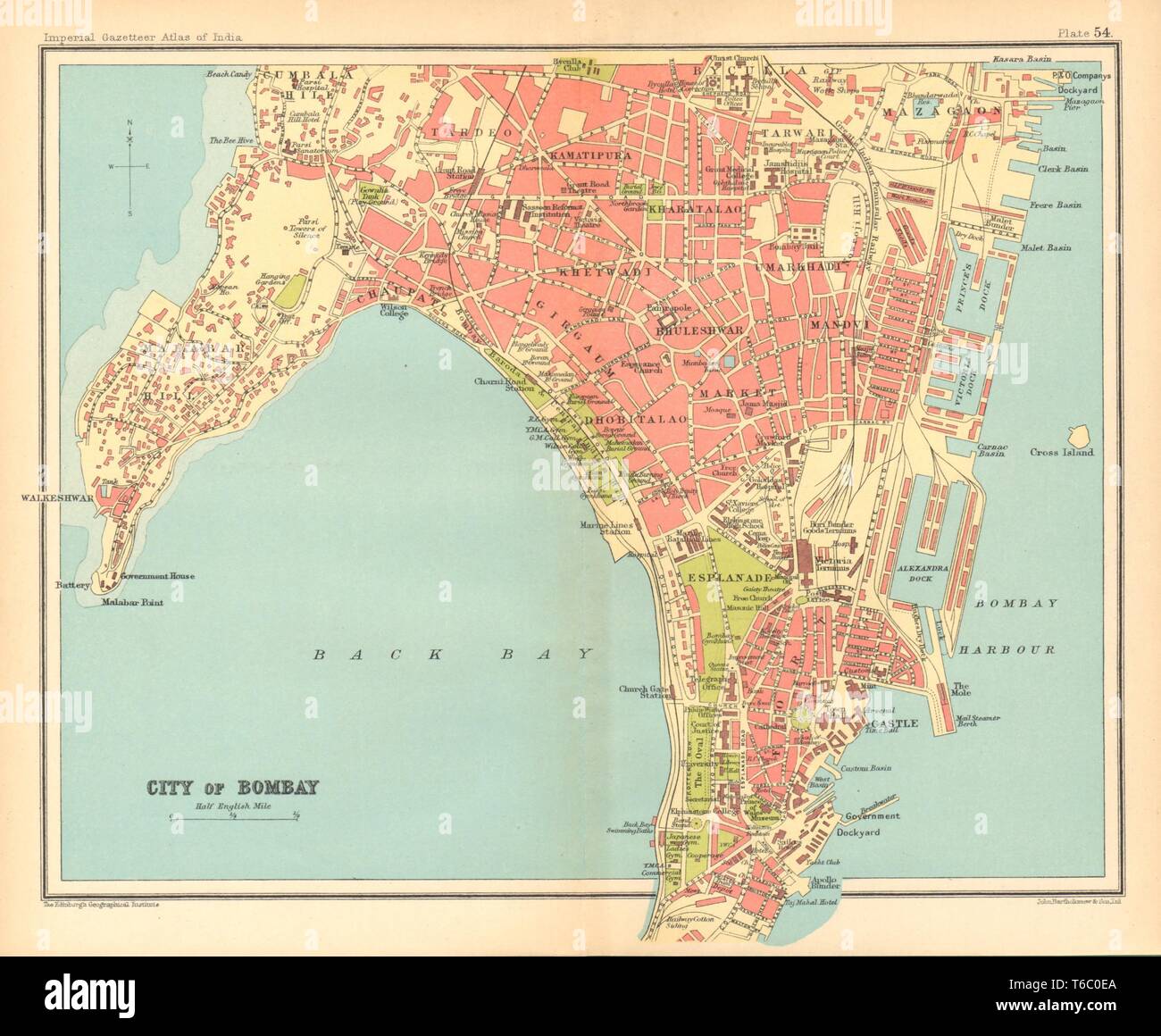 Bombay / Mumbai town city plan. Les bâtiments principaux et les quais ...