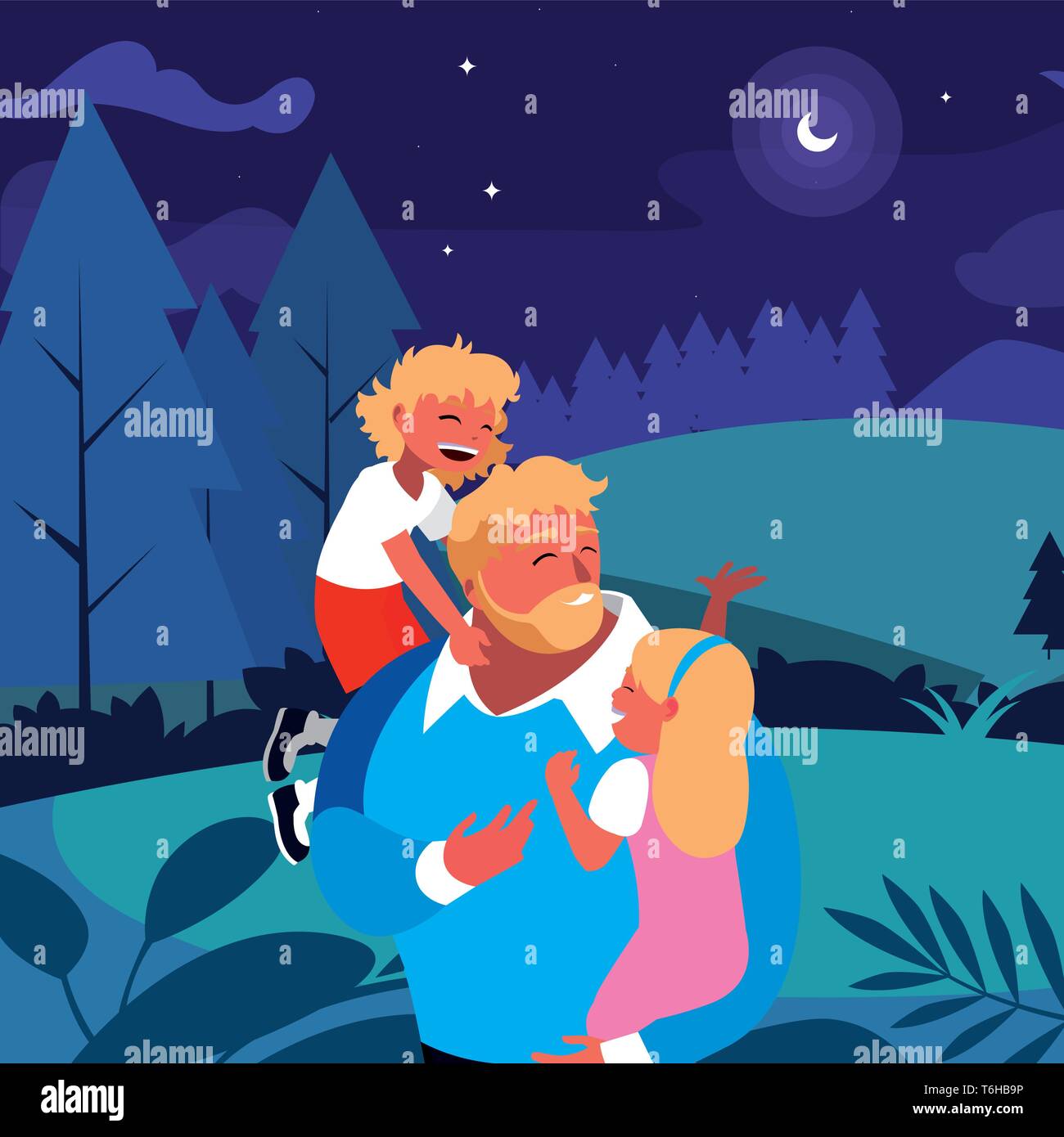 Le Père Avec Son Fils Et Sa Fille Dans Le Domaine De Nuit Vector