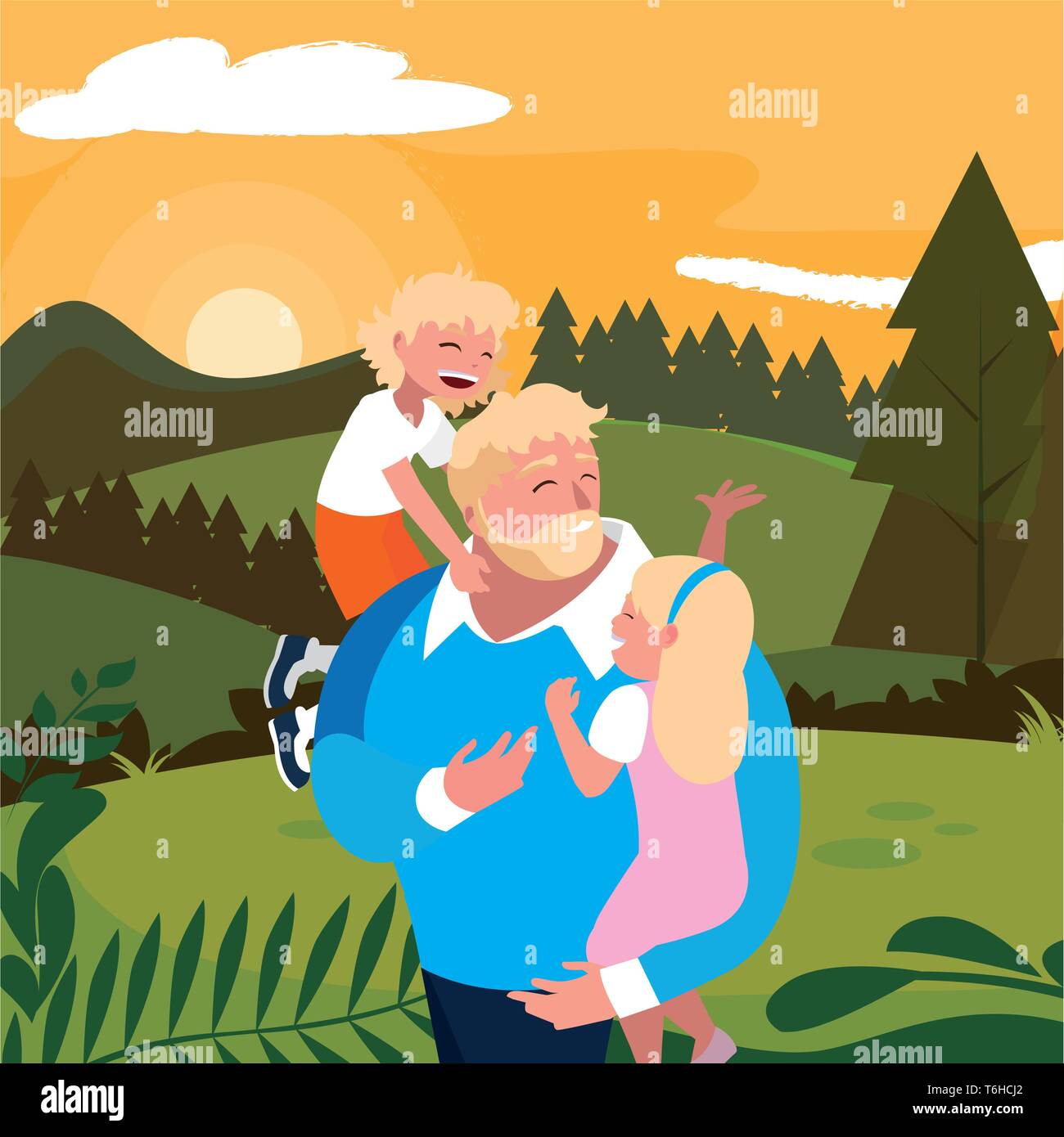 Le Père Avec Son Fils Et Sa Fille Des Caractères Dans Le Champ Vector