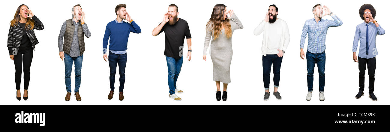 Collage des personnes de plus de fond isolé blanc crier et crier fort à ...