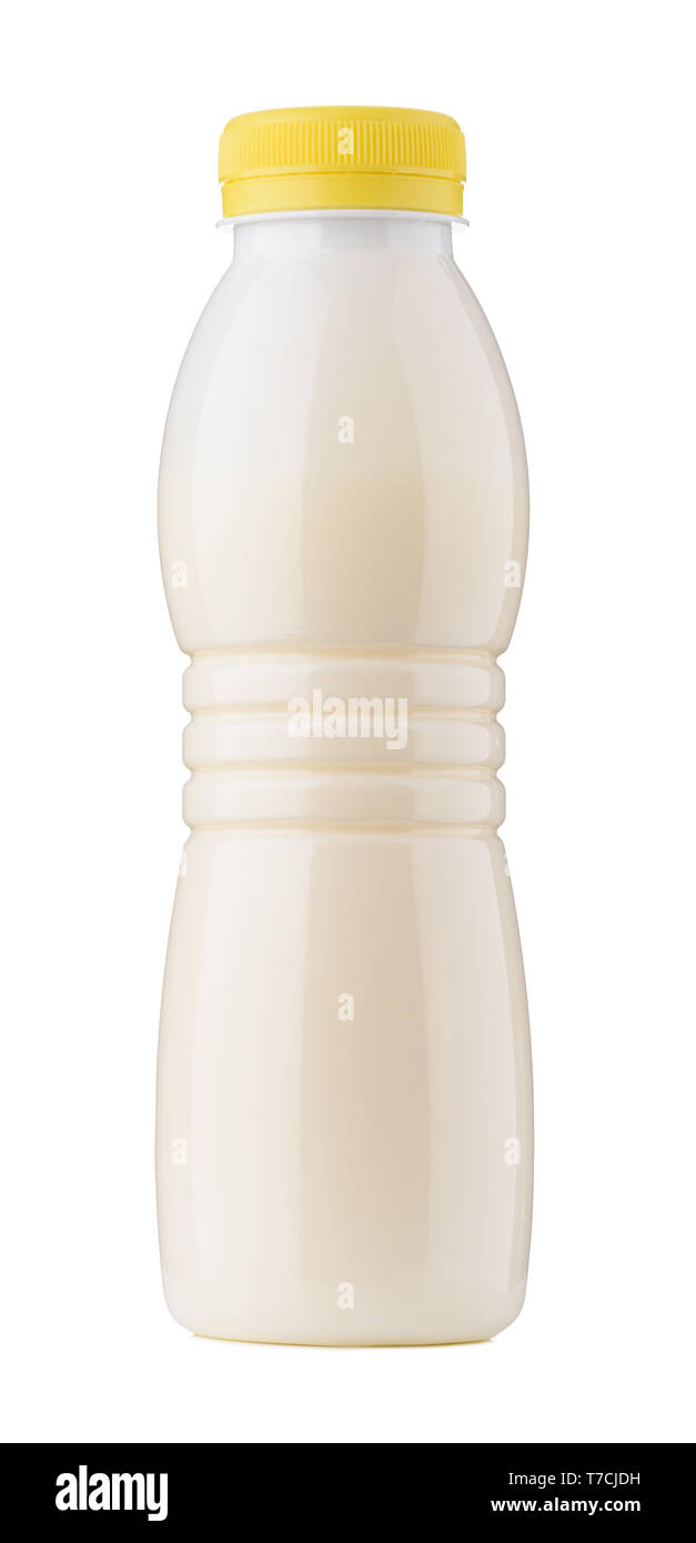 Plastique blanc vide bouteille de lait ou yaourt avec bouchon jaune ...