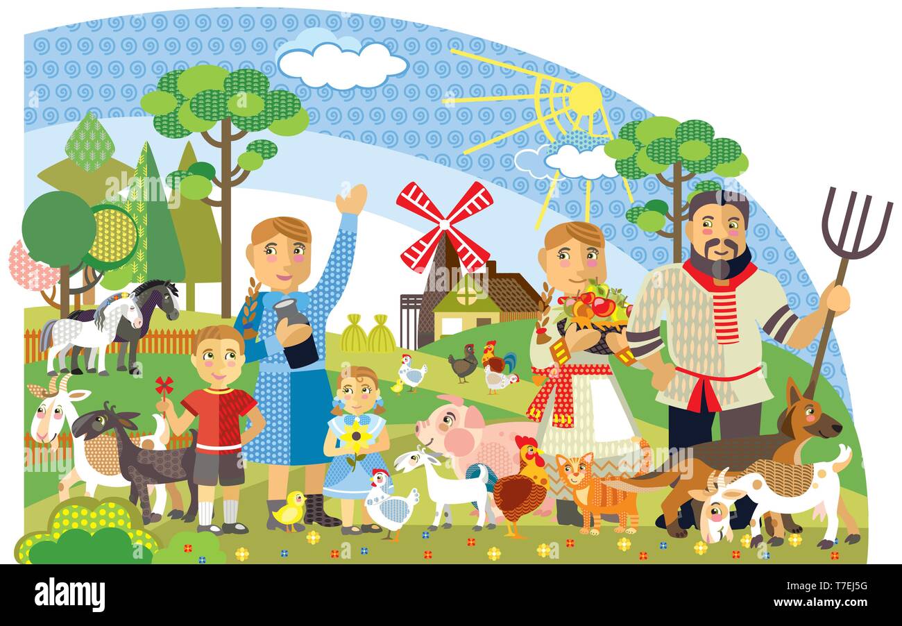 Grandes lignes décoratives colorées mignon famille avec enfants et ...