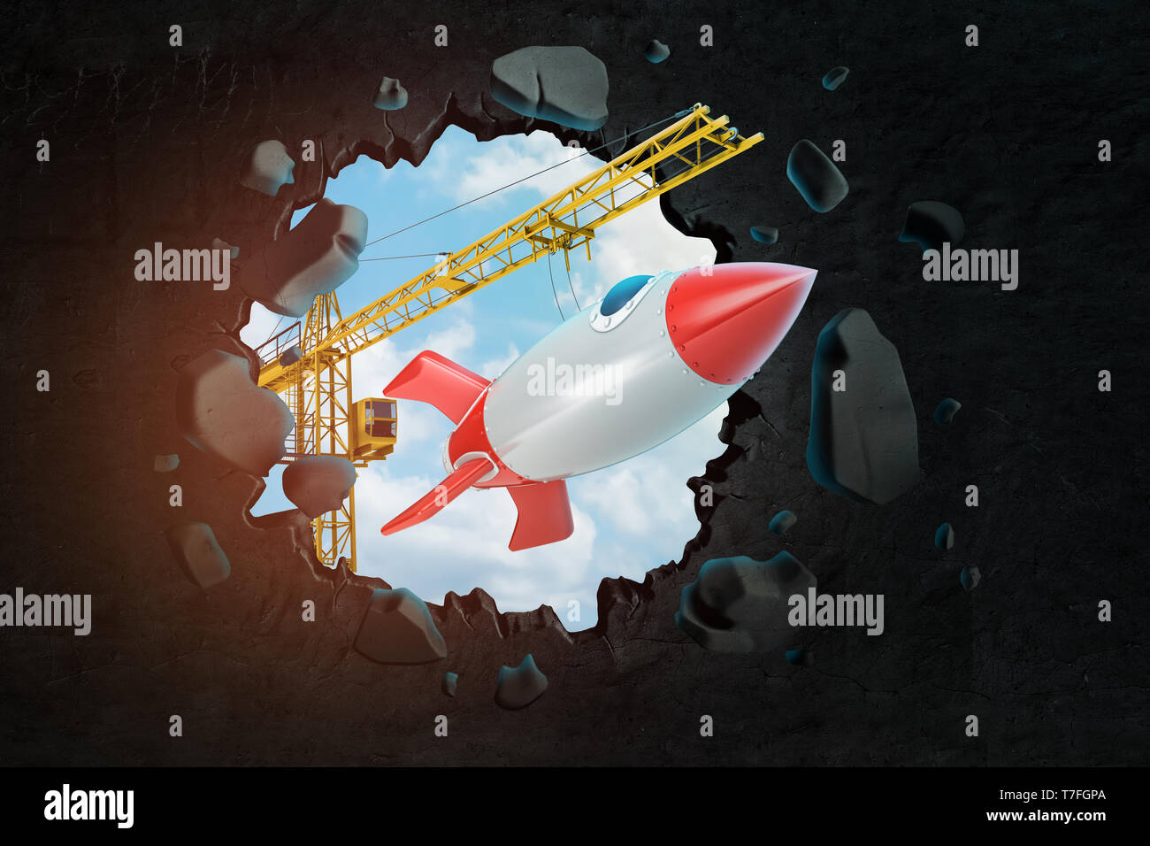 Le rendu 3D de grue de levage et transport fusée spatiale mur briser ...