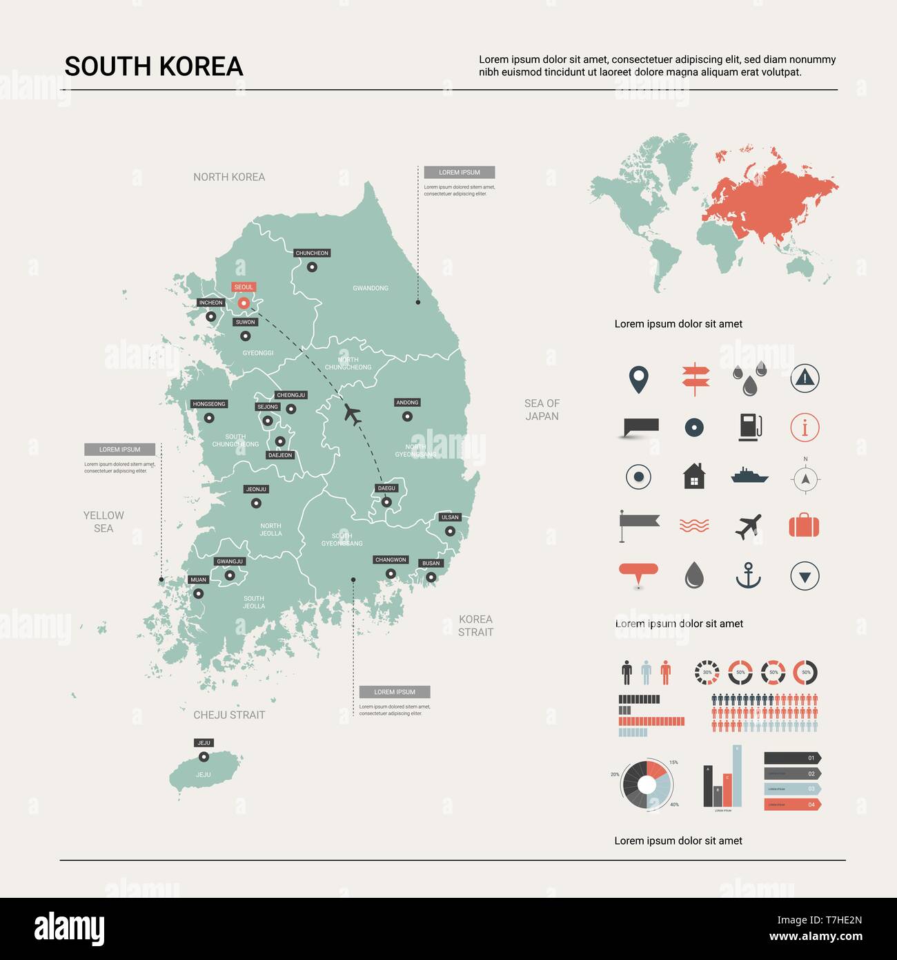 Carte vectorielle de la Corée du Sud. Carte pays très détaillés avec ...