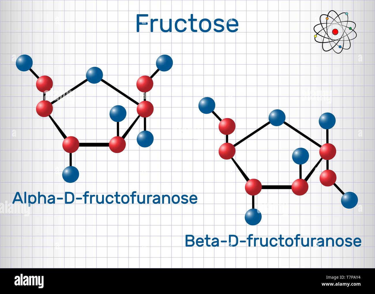 Le fructose, alpha-D-fructofuranose, bêta-D-fructofuranose molécule. La forme cyclique. Formule ...