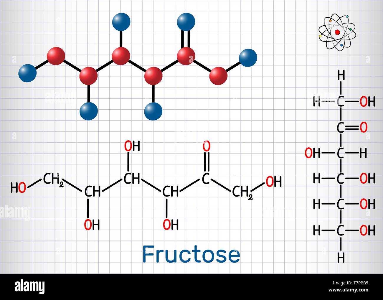 Le fructose, le D-fructose molécule. Forme linéaire. Formule chimique ...
