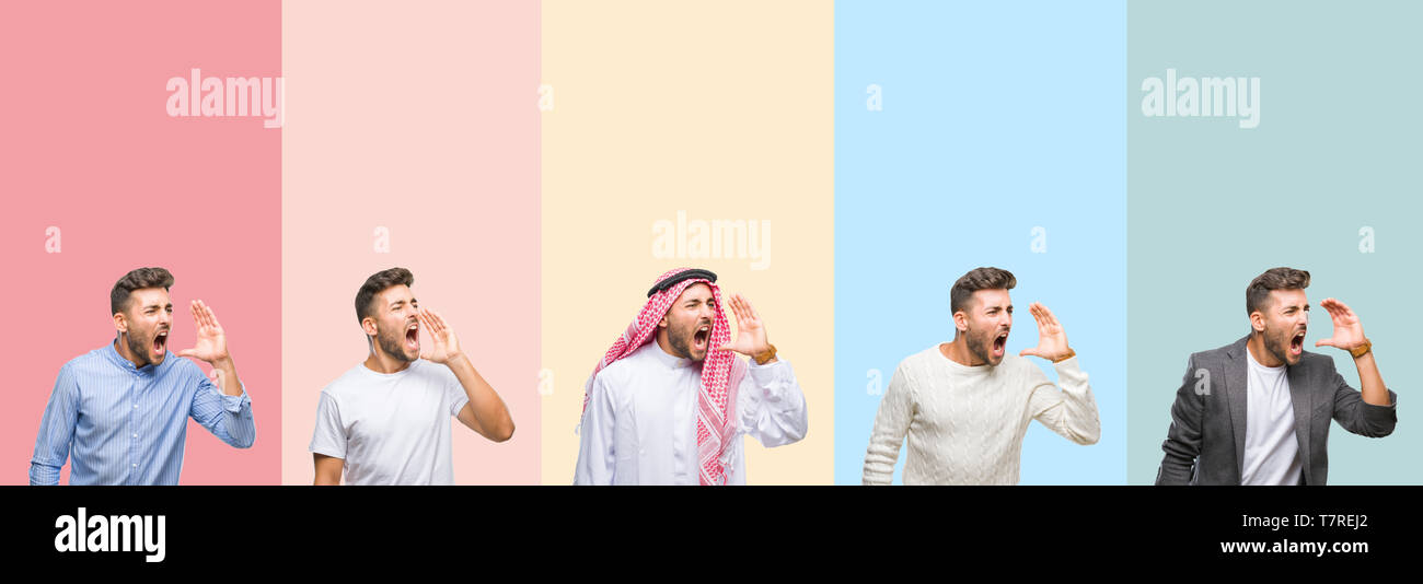 Collage de beau jeune homme plus de rayures colorées fond isolé crier ...