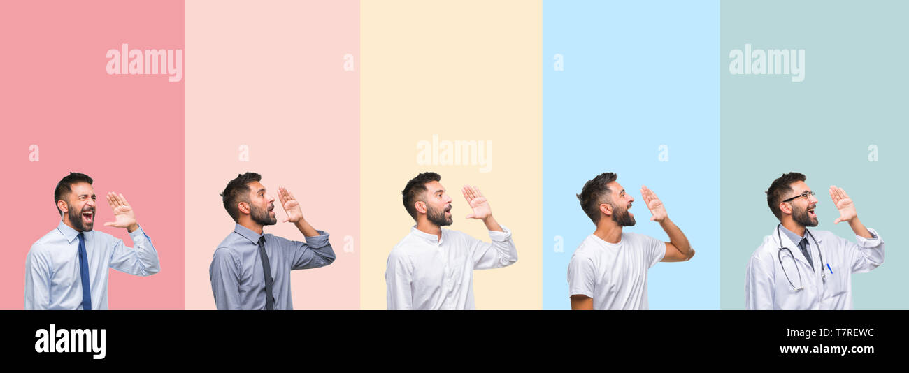Collage de bel homme plus de rayures colorées fond isolé crier et crier ...