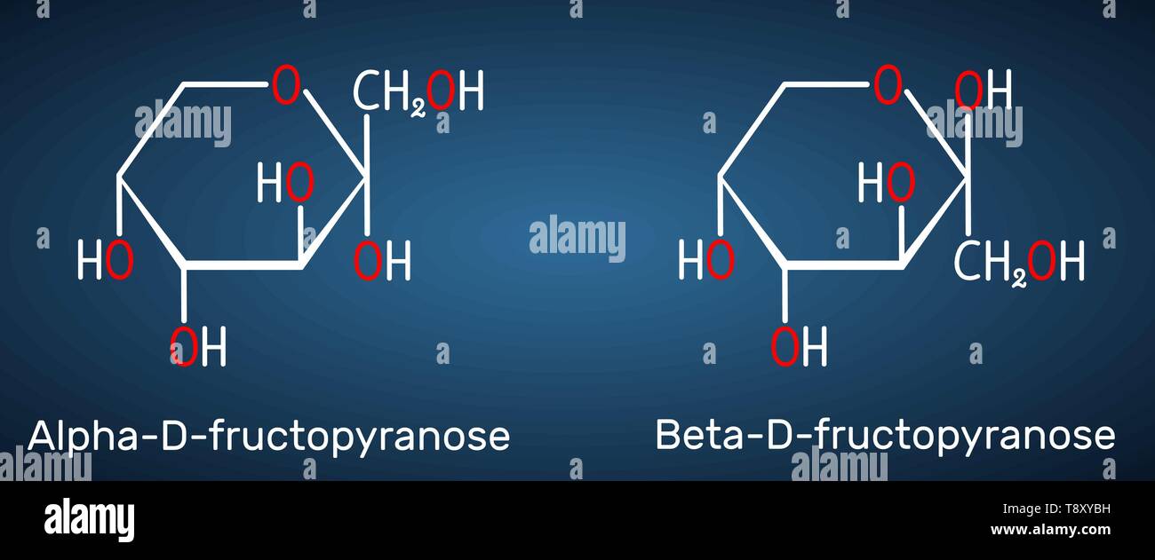 Le fructose, alpha-D-fructopyranose, bêta-D-fructopyranose molécule. La forme cyclique. Formule ...