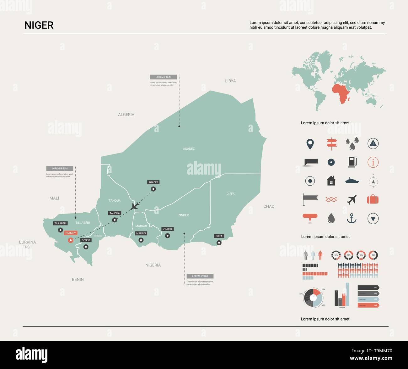 Carte vectorielle du Niger. Carte pays avec la division, villes et ...