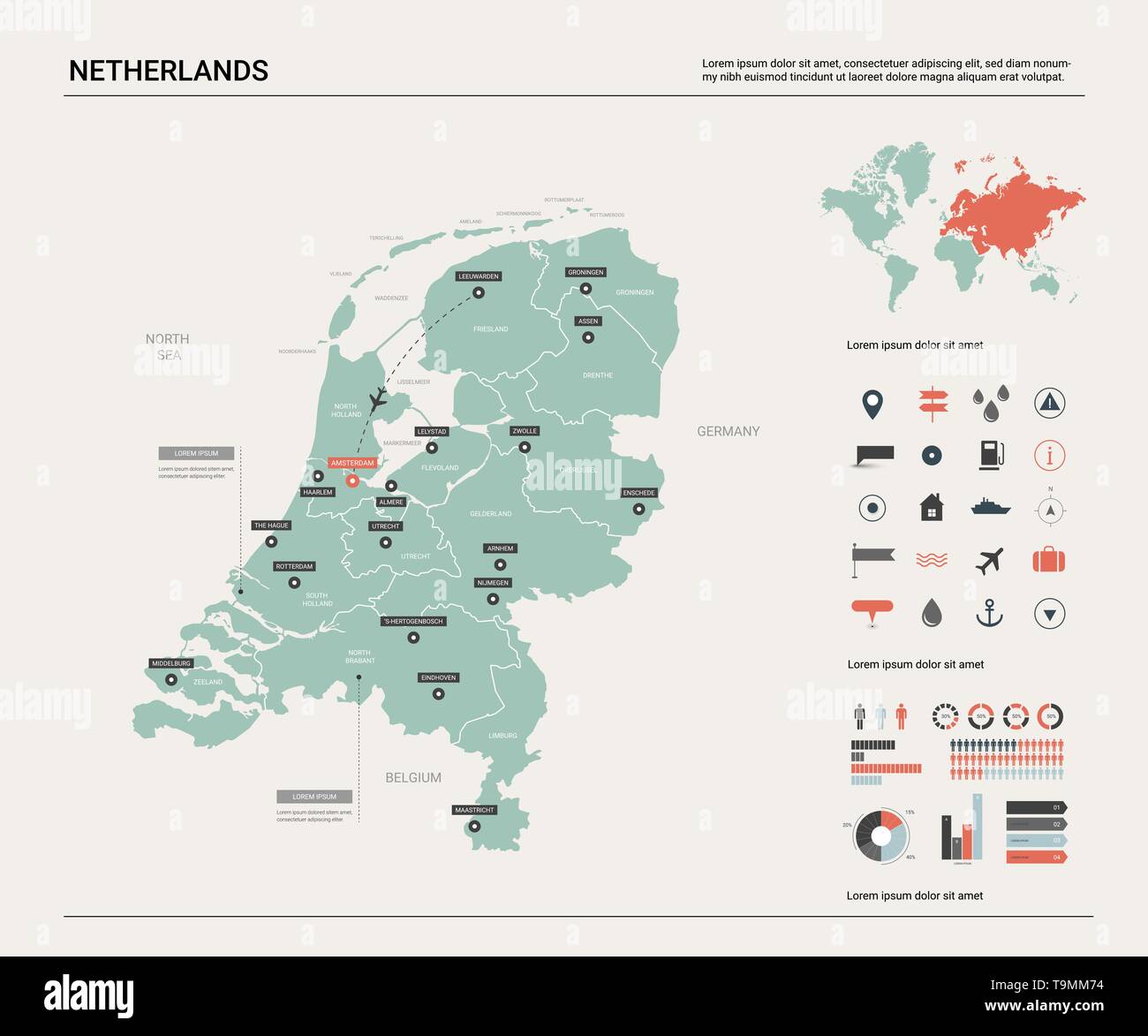 Carte vectorielle des Pays-Bas. Carte pays avec la division, villes et ...
