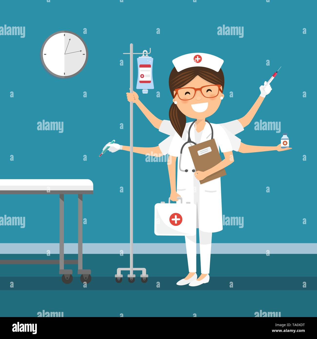 Multitâche infirmière à l'hôpital. Illustration vecteur de médicament ...