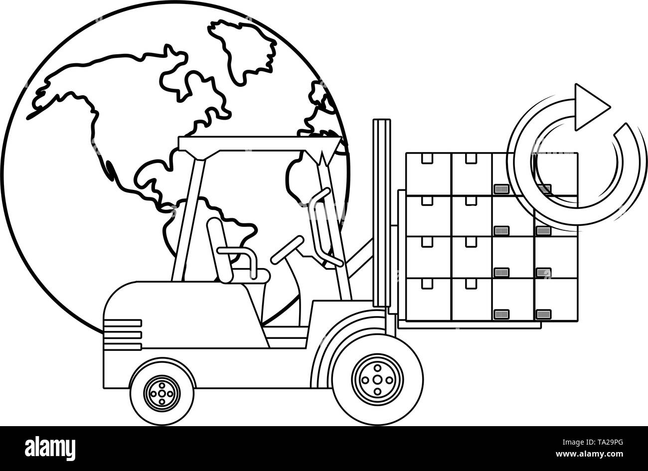 Chariot élévateur avec boîtes, globe et flèche de retour vector ...