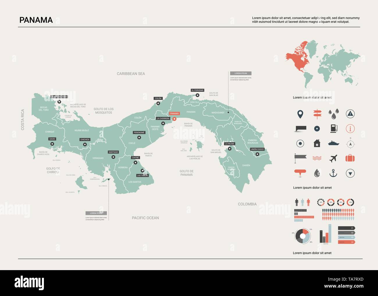 Carte vectorielle du Panama. Carte pays avec la division, les villes et ...
