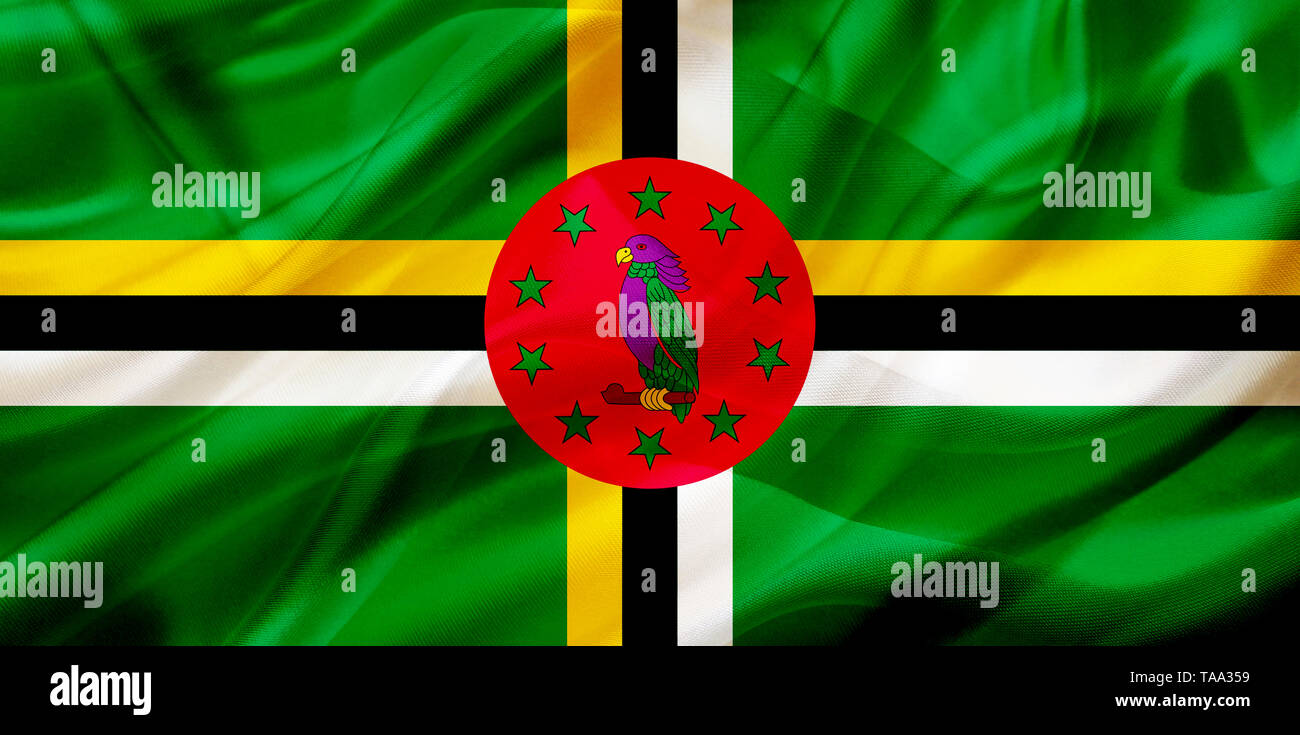 Dominique pays symbole du drapeau sur la soie ou soyeux forme texture ...