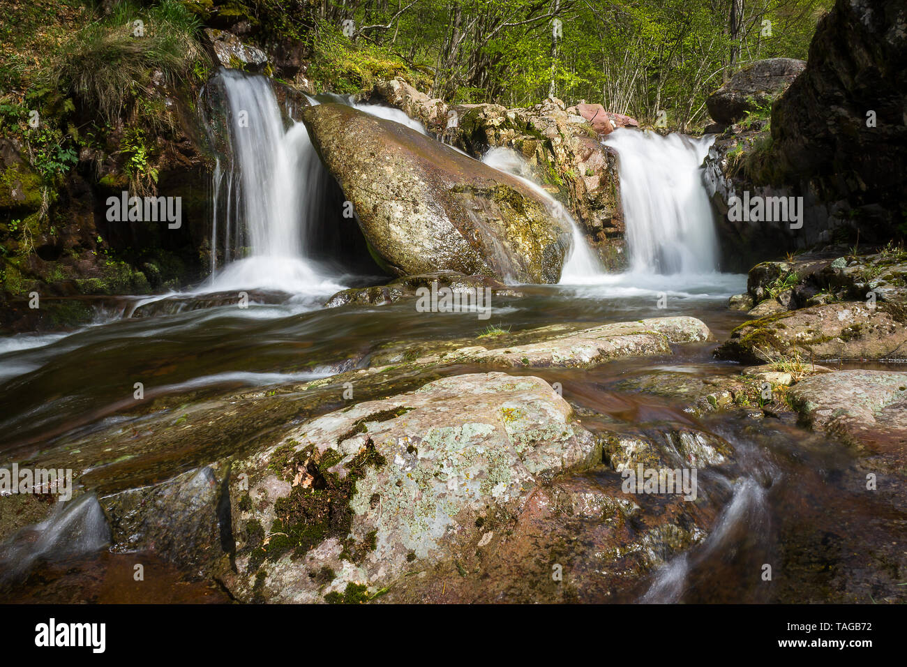 Scenic, longue exposition, cascade miniature sur un ruisseau de montagne au début du printemps ...